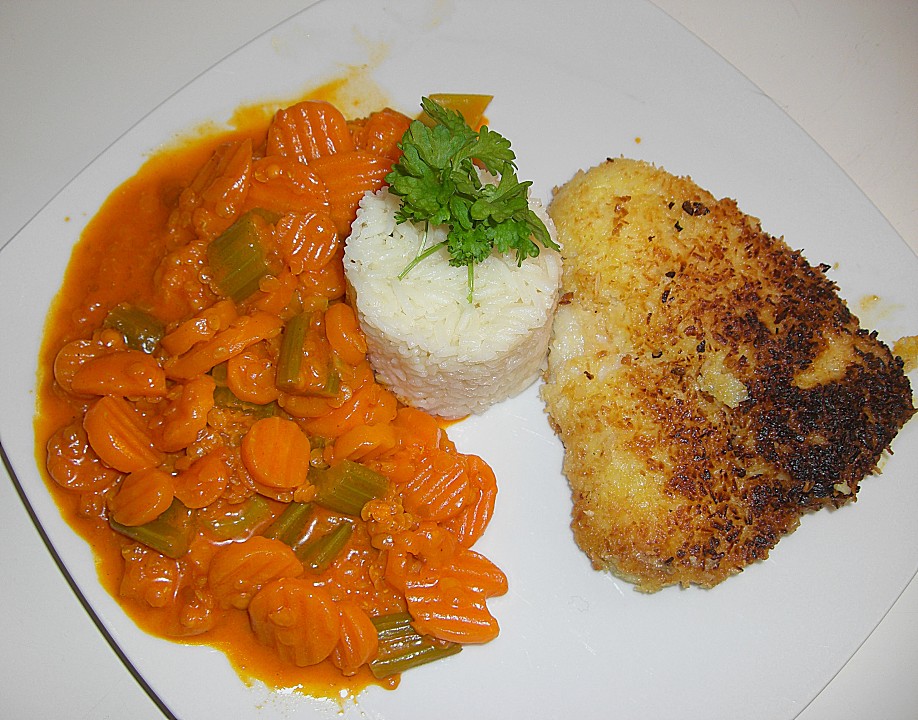 Gebratenes Hokifilet in Kokospanade mit Currygemüse von garfield2 ...